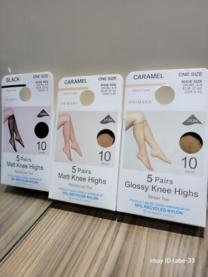 Primark Womens 5 Pairs Knee Highs Tights Socks Caramel Black Glossy ...