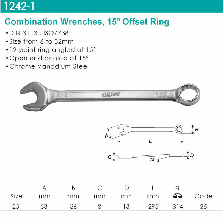 Whirlpower Combination Wrench Offset Ring (15°) CrV 25mm Automotive ...