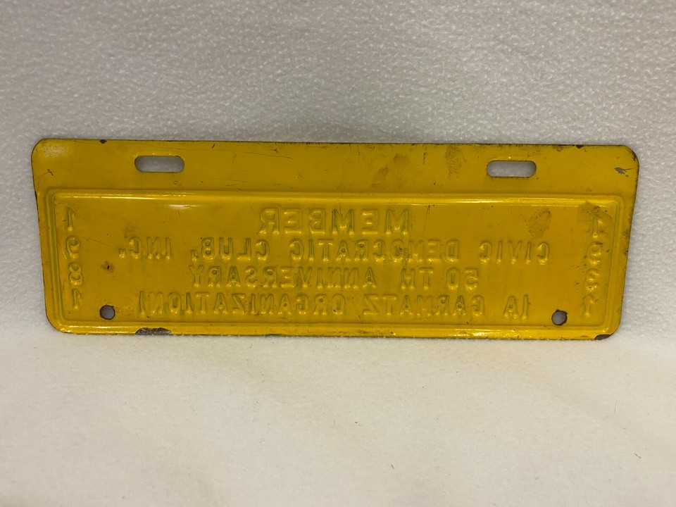 Vtg License Plate Topper Civic Democratic Club 50th Anniv. A. Garmatz ...