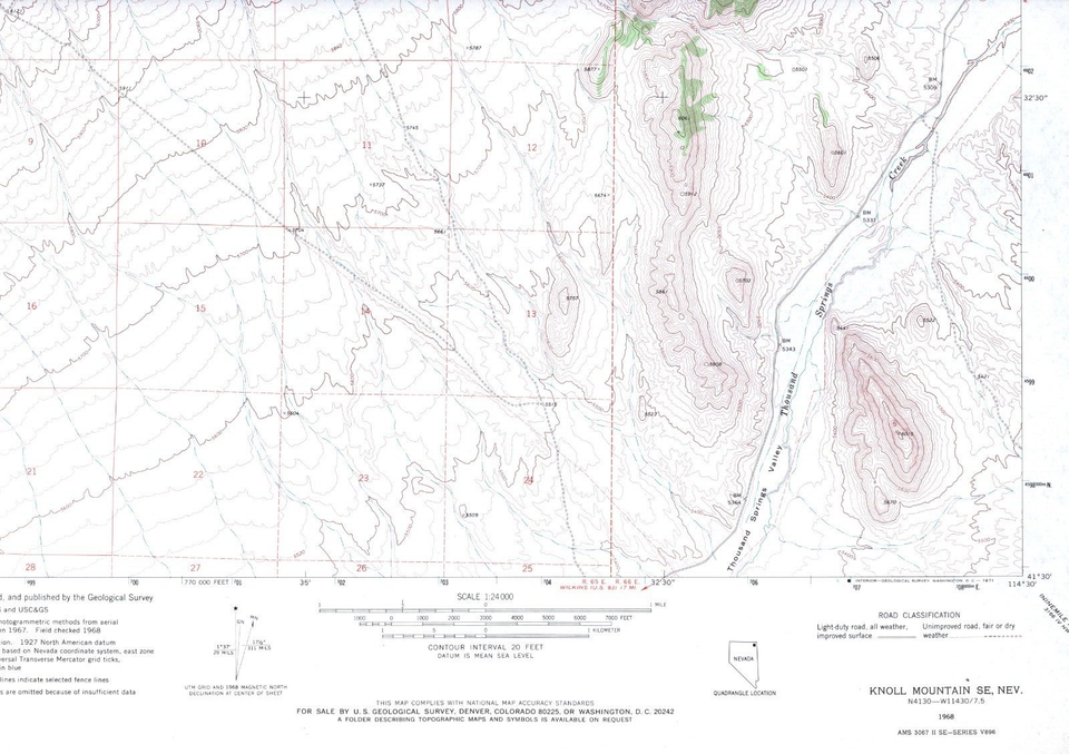 Knoll Mountain SE, Nevada 1968 Vintage USGS Topo Map 7.5 Quadrangle ...