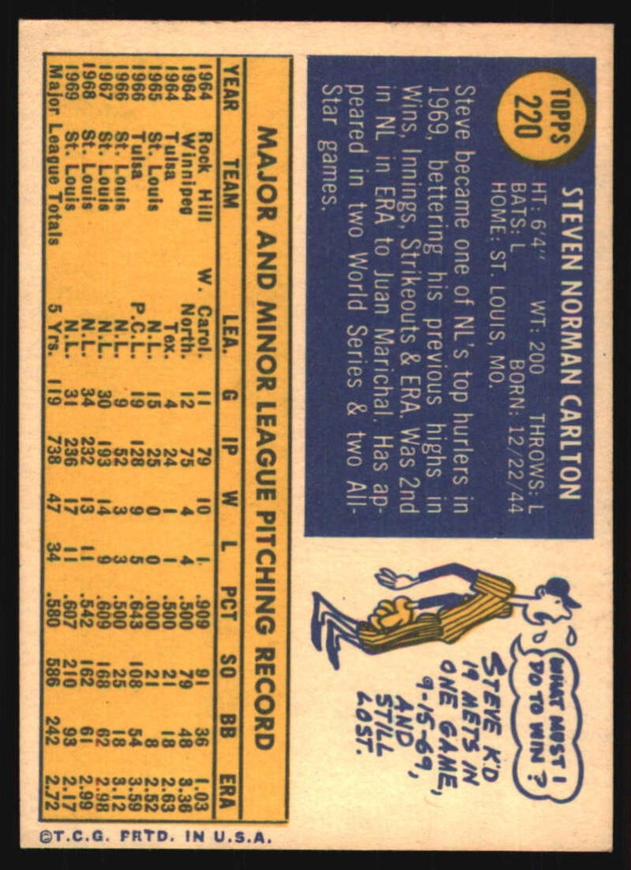 1970 Topps #220 Steve Carlton EX/EX+ Cardinals 602673 | eBay
