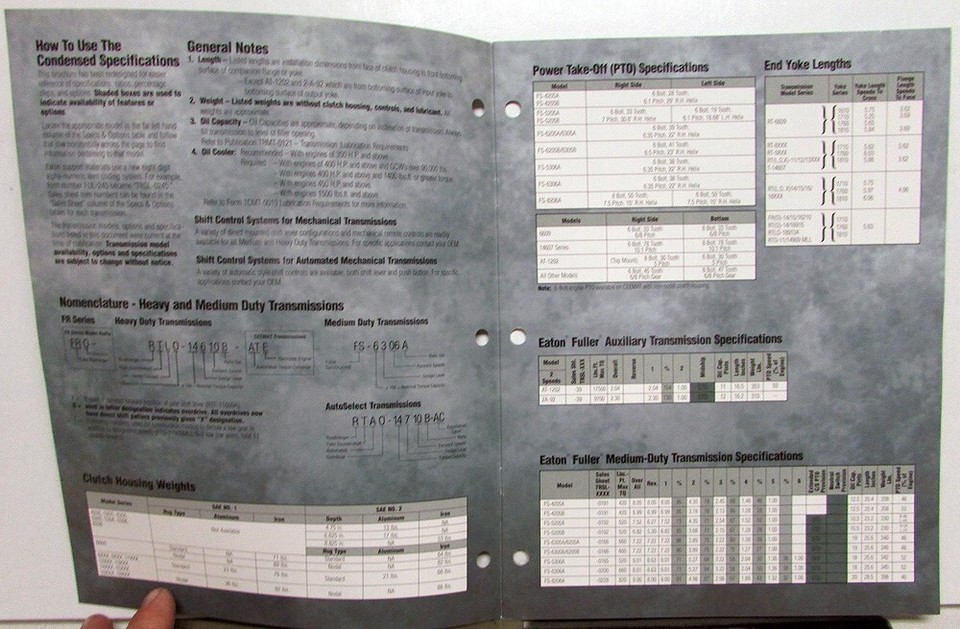 1997 Eaton Fuller Truck Transmission Specifications Booklet W/2 Data ...