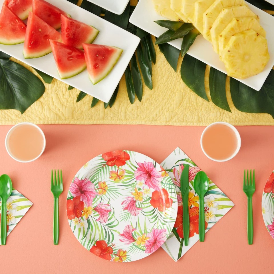 144 Piece Tropical Luau Party Supplies, Hawaiian Dinnerware Set with ...