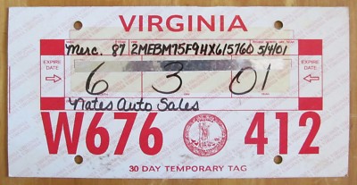 Virginia 2001 THIRTY DAY TEMPORARY CARDBOARD License Plate # W676 412 ...