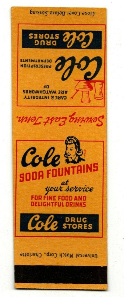 COLE DRUG STORES salesman sample matchcover - COLE SODA FOUNTAINS | eBay