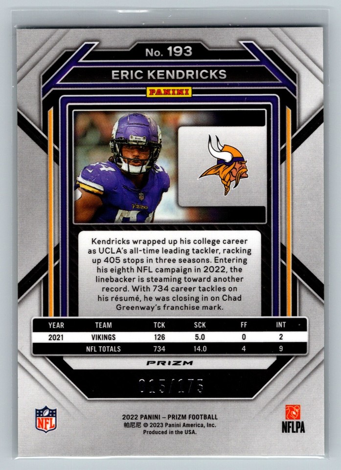 2022 Panin Prizm #193 Eric Kendricks Neon Green Hyper Prizm /175 | eBay