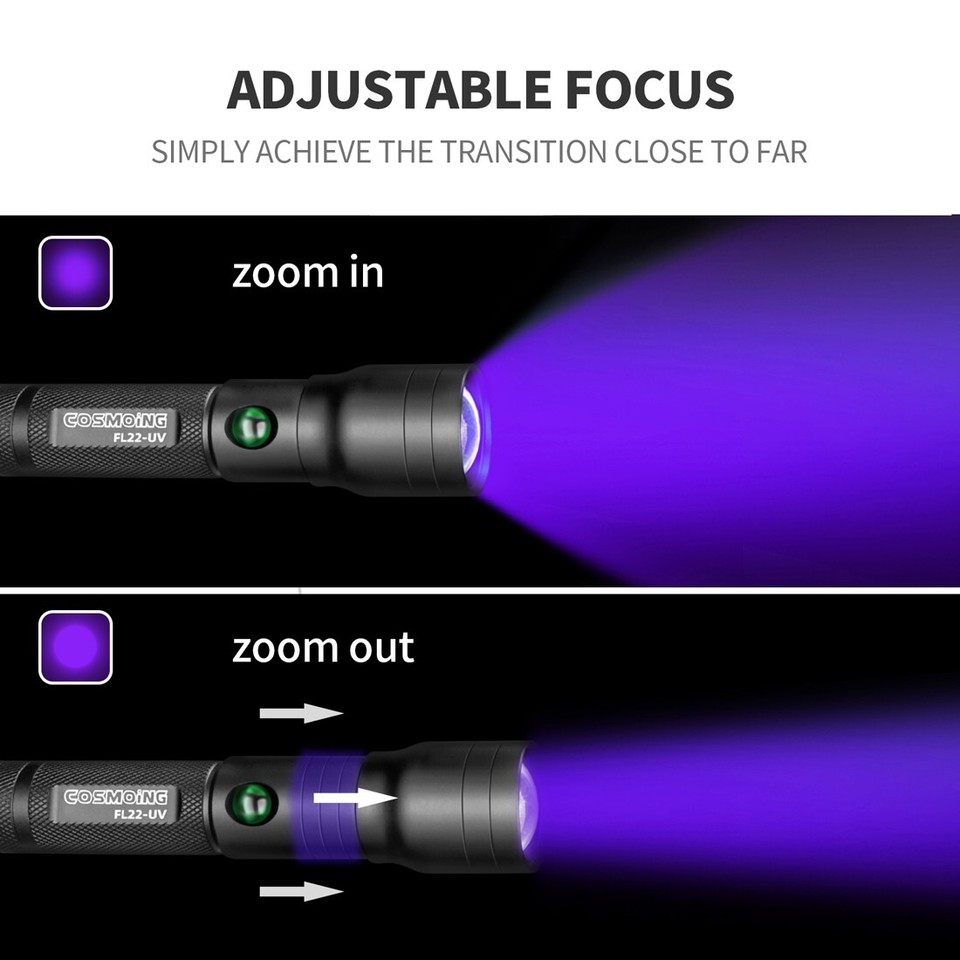 Zoom 395nm UV Light Blacklight Rechargeable Tactical LED Flashlight ...