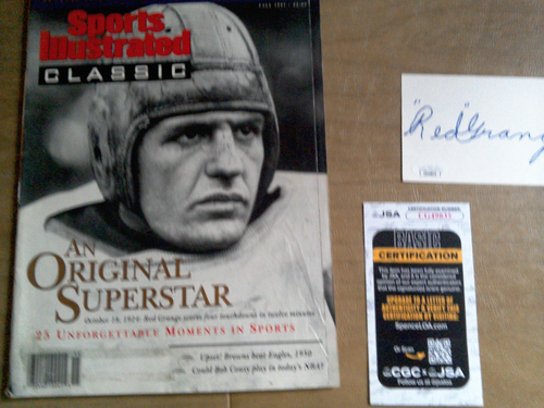 SIGNED! Red Grange 3X5 card w/ Fall 1991 SI Classic blue sharpie JSA ...