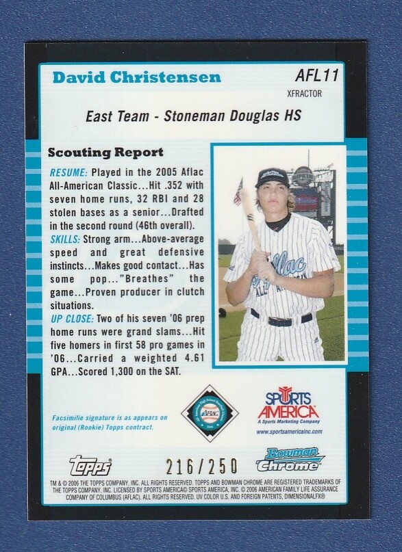 DAVID CHRISTENSEN 2005 Bowman Chrome AFLAC Xfractor RC #11 Rockies ...