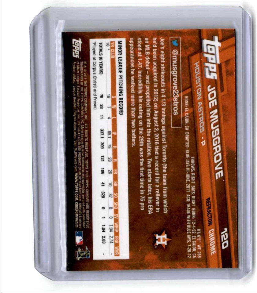 2017 Topps Chrome Refractor Joe Musgrove Rookie Houston Astros #120 | eBay