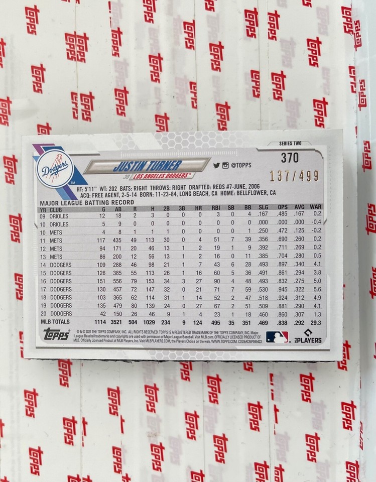 2021 Topps Series 2 GREEN ICE Parallel #370 Justin Turner LA Dodgers ...