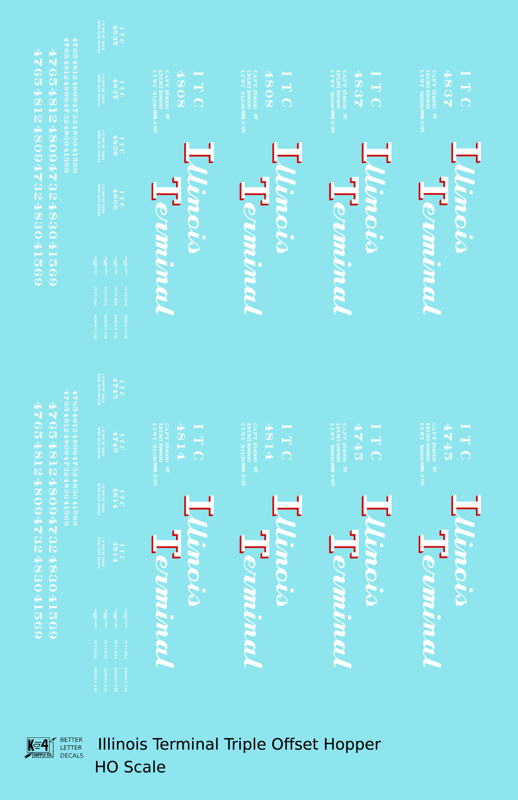 K4 HO Scale Decals Illinois Terminal Offset Triple Hopper White and Red ...