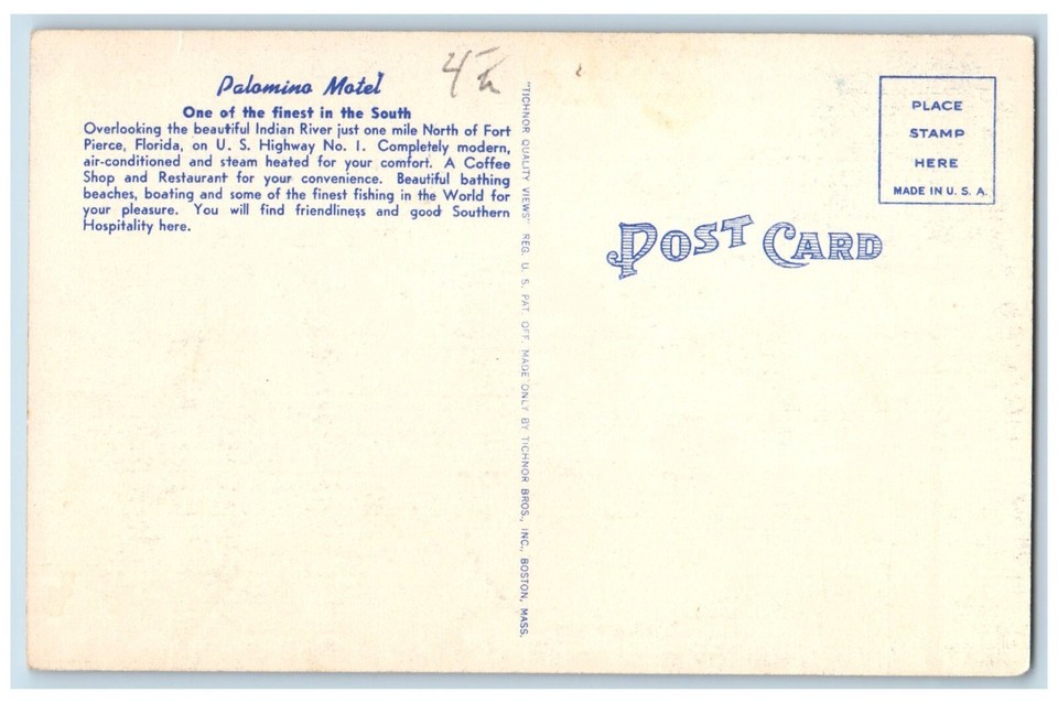 Fort Pierce Florida Postcard Palomino Motel Exterior View c1940 Vintage ...