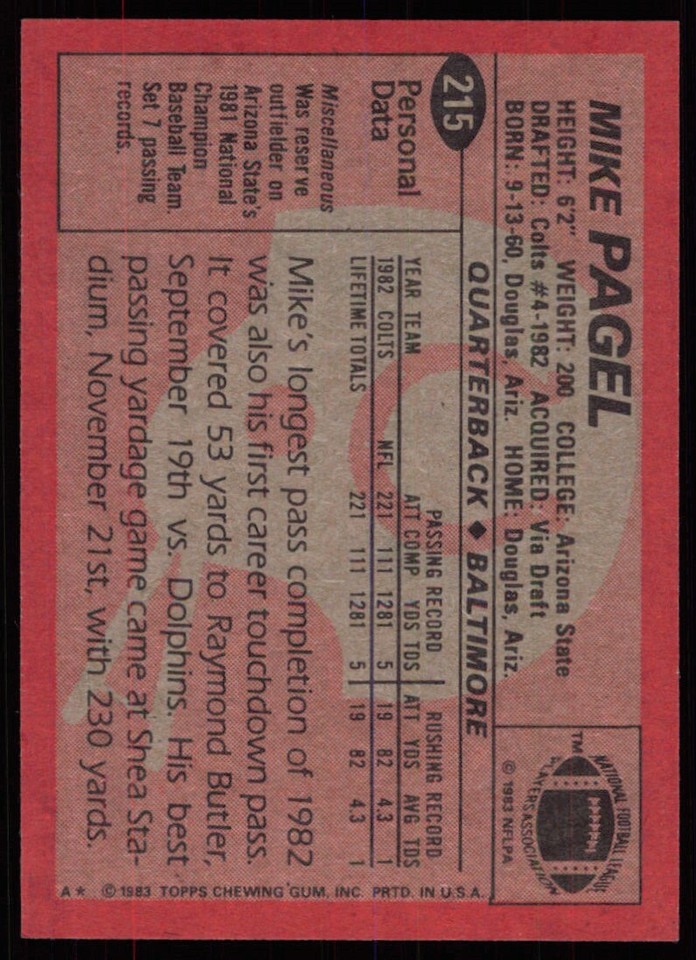 1983 Topps Mike Pagel Rookie Baltimore Colts #215 | eBay