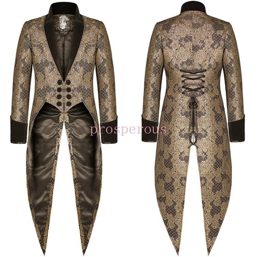 Men's Gothic Steampunk Tail Jacket Black Brocade Wedding Jacquard ...