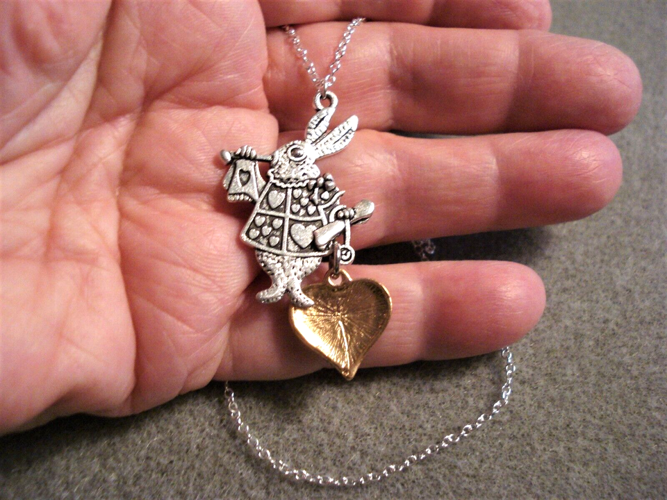 18" Necklace in Alice in Wonderland White Rabbit & Heart on Fine Thin ...