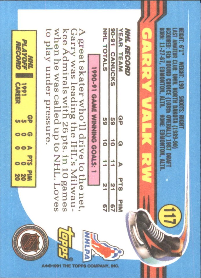 1991-92 Topps Canucks Hockey Card #117 Garry Valk | eBay