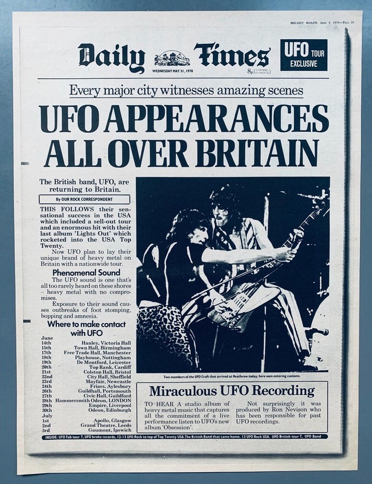 UFO original 1978 POSTER ADVERT UK CONCERT TOUR Lights Out SIGHTING MSG ...