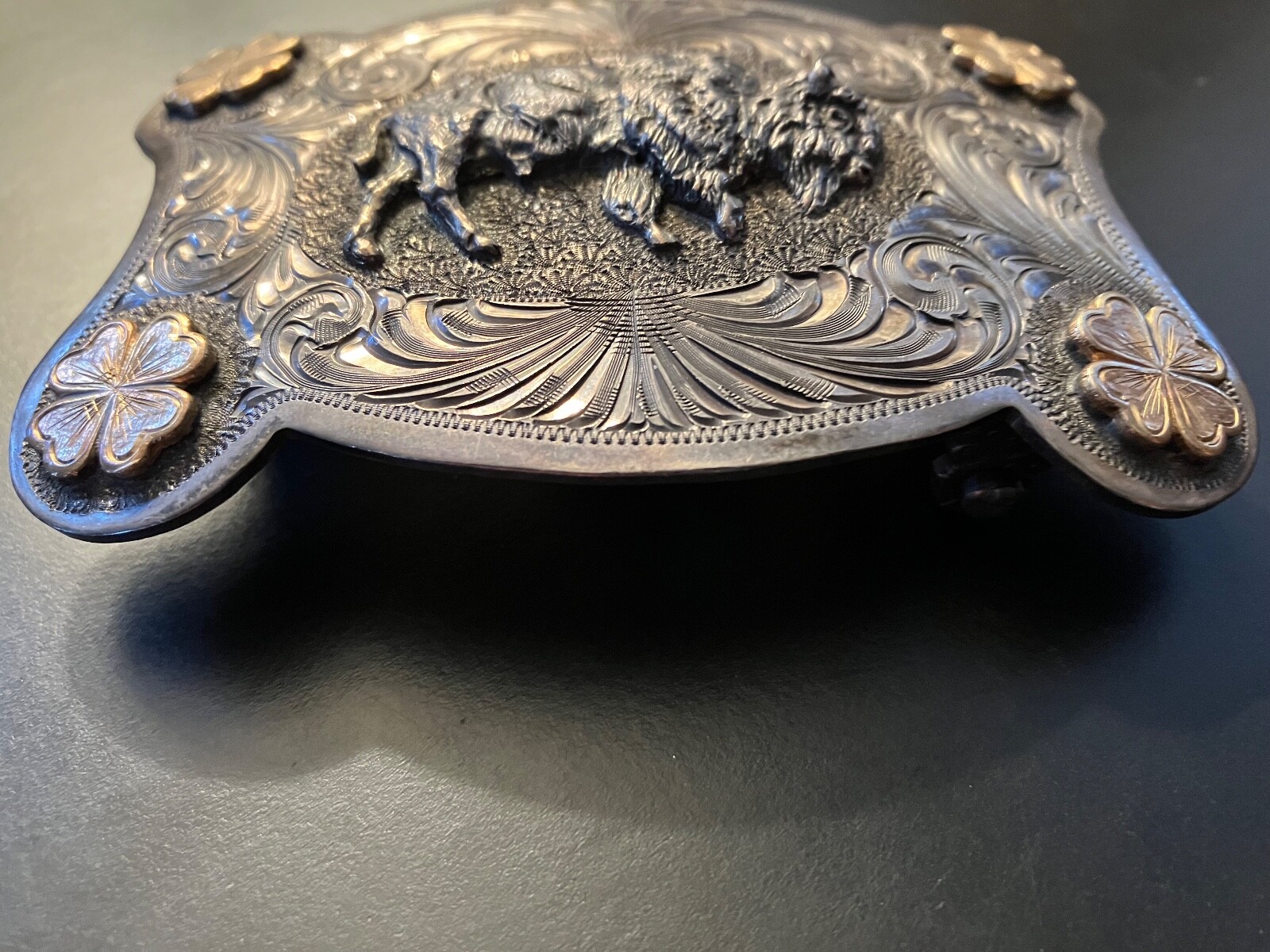 Clint Orms scalloped trophy buckle 14kt flower edges buffalo center | eBay