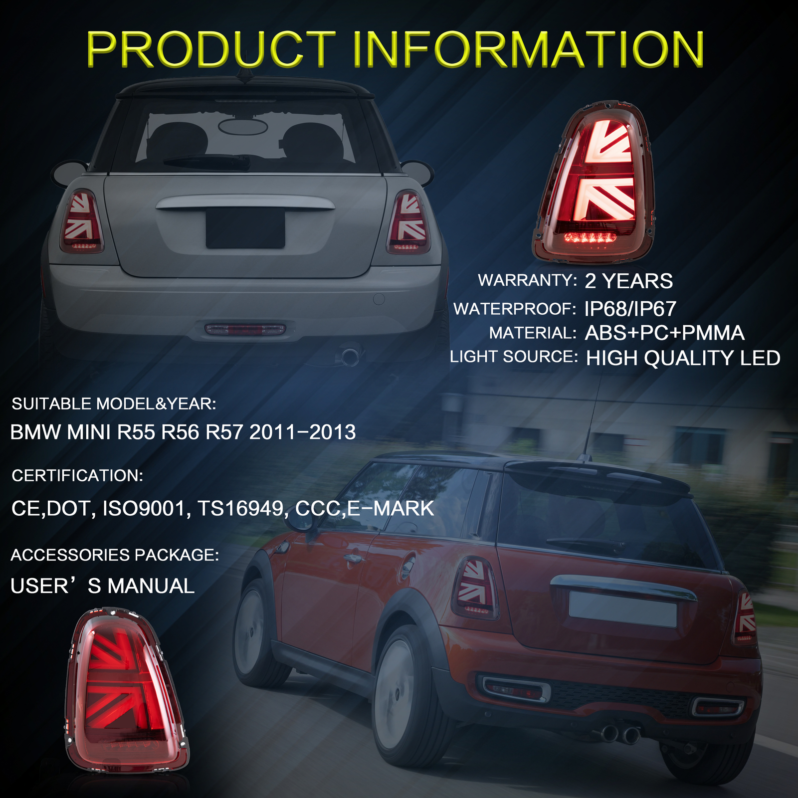 VLAND Red LED Tail Lights For 2011-2012 13 Mini R56 R57 R58 R59 W ...