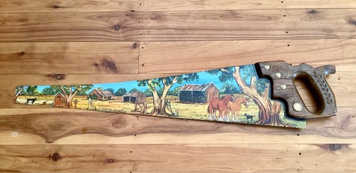 Hand Painted Hand Saw Country Outback Farm Horses Dog Sheds etc, very ...