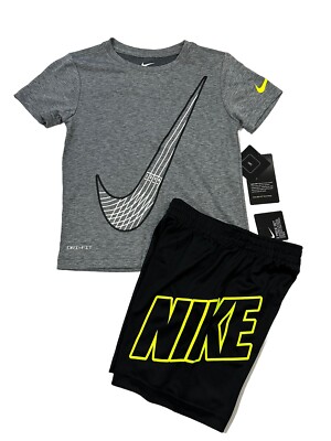 Nike NWT Boys Size 4 Gray T Shirt Black Shorts Neon Logo 2 Piece Set ...