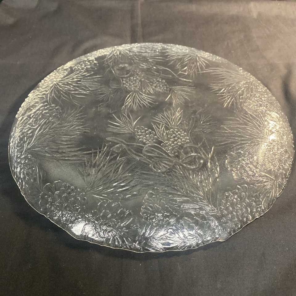 Christmas Glass Round Platter Pine Cones & Firs | eBay