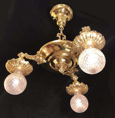 Antique Vtg 3 Light Pan Ceiling Fixture Art Deco Polished Brass ...