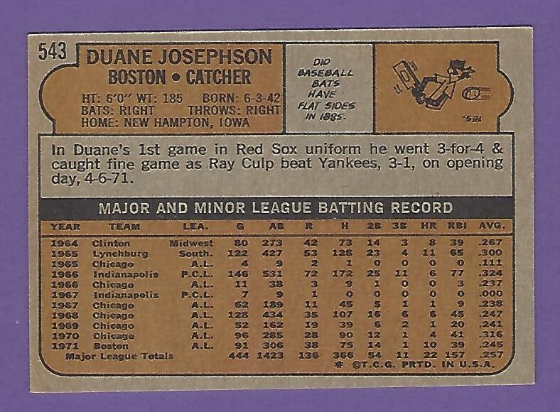 1972 Topps - #543 Duane Josephson - Boston Red Sox - ExMt | eBay