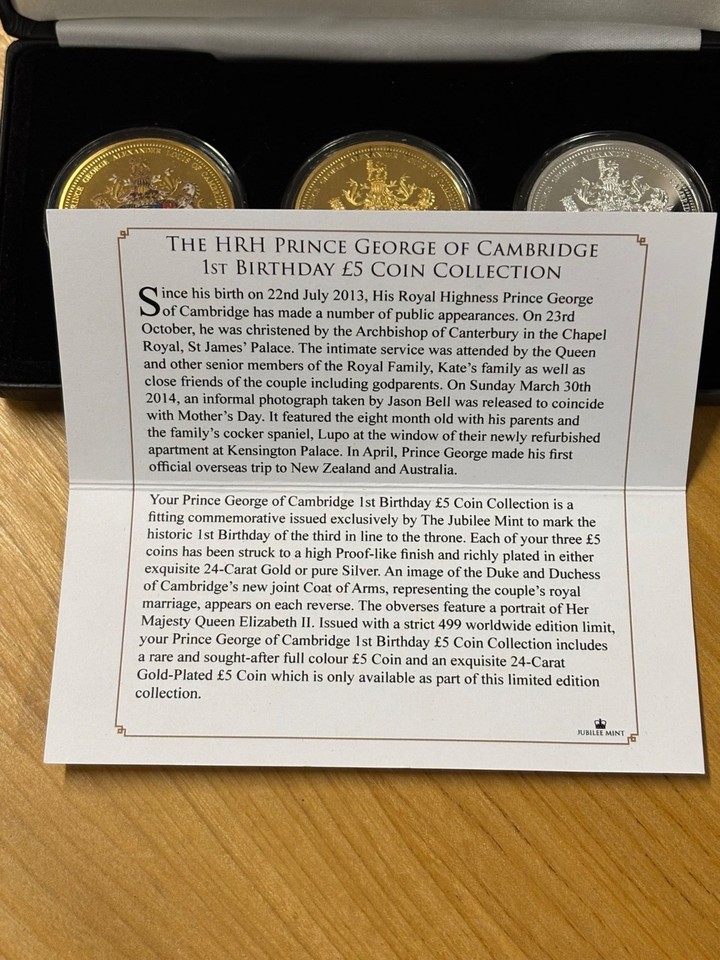 3 x 2014 GOLD & SILVER PLATED £5 COINS, PRINCE GEORGE 1ST BIRTHDAY ...