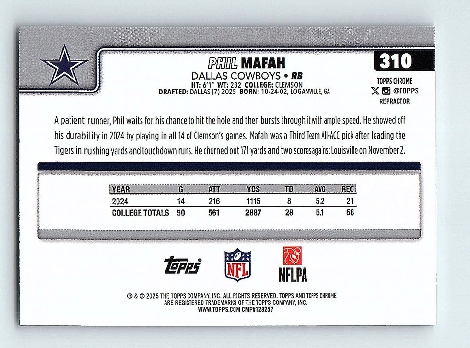 2025 Topps Chrome Refractor Phil Mafah Rookie Dallas Cowboys #310 | eBay