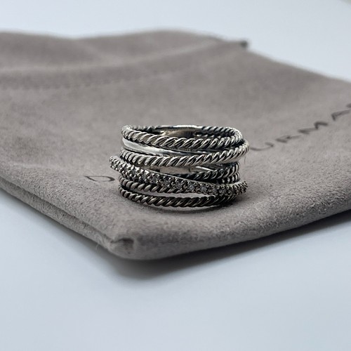 David Yurman 925 Sterling Silver Crossover Wide Ring with Pave Diamonds ...