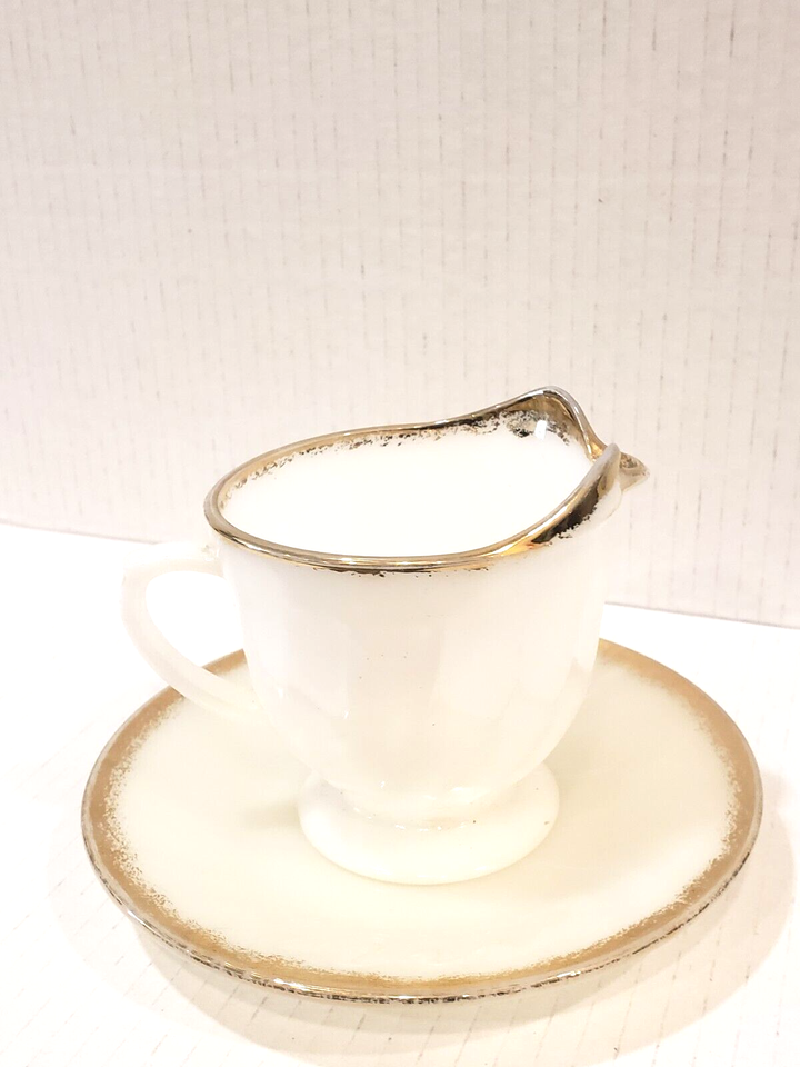 Vintage Fire-King White Milk Glass Swirl Creamer and Underplate Gold ...