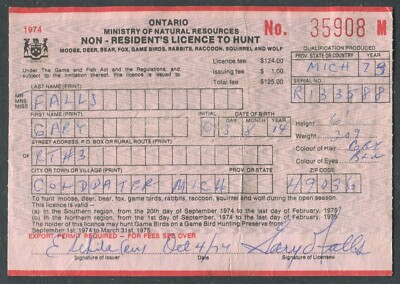 CANADA REVENUE ONTARIO 1974 NON-RESIDENT'S HUNTING LICENCE | eBay