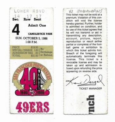 1986 Ticket Stub SF 49ers - Jerry Rice 3 Touchdown Game vs Indianapolis ...