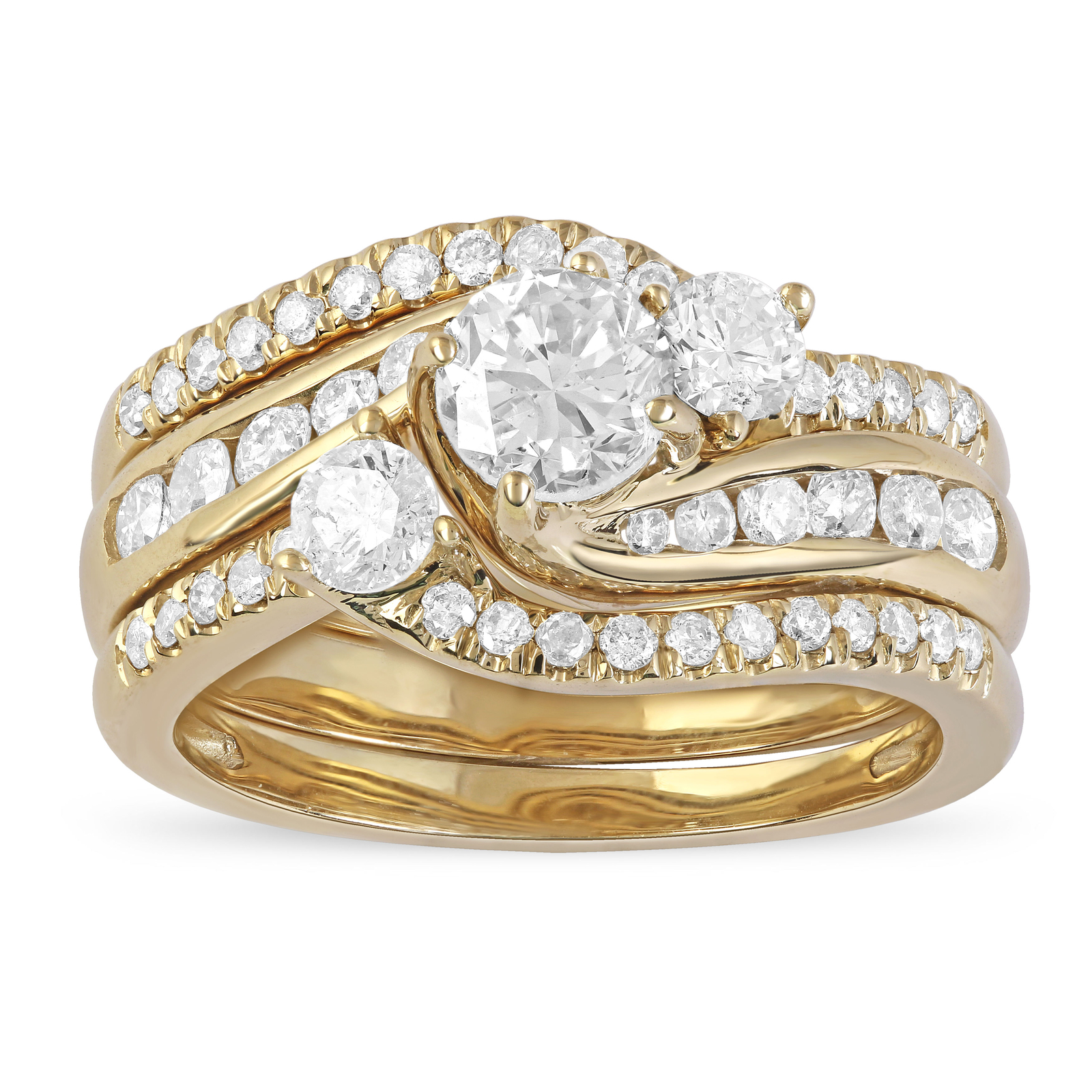 14K Yellow Gold 1 1/4Ct Diamond Bypass Bridal Ring Set with Two Bands ...