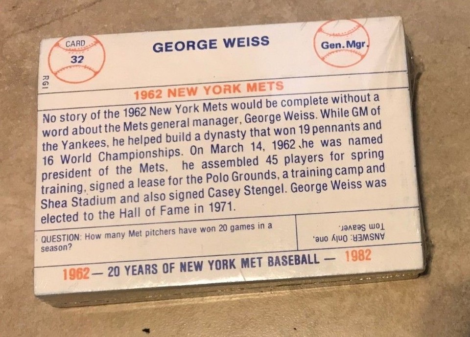 RGI Renata Galasso 1962 Mets COMPLETE TEAM SET 30 cards 1982 NEW Sealed ...