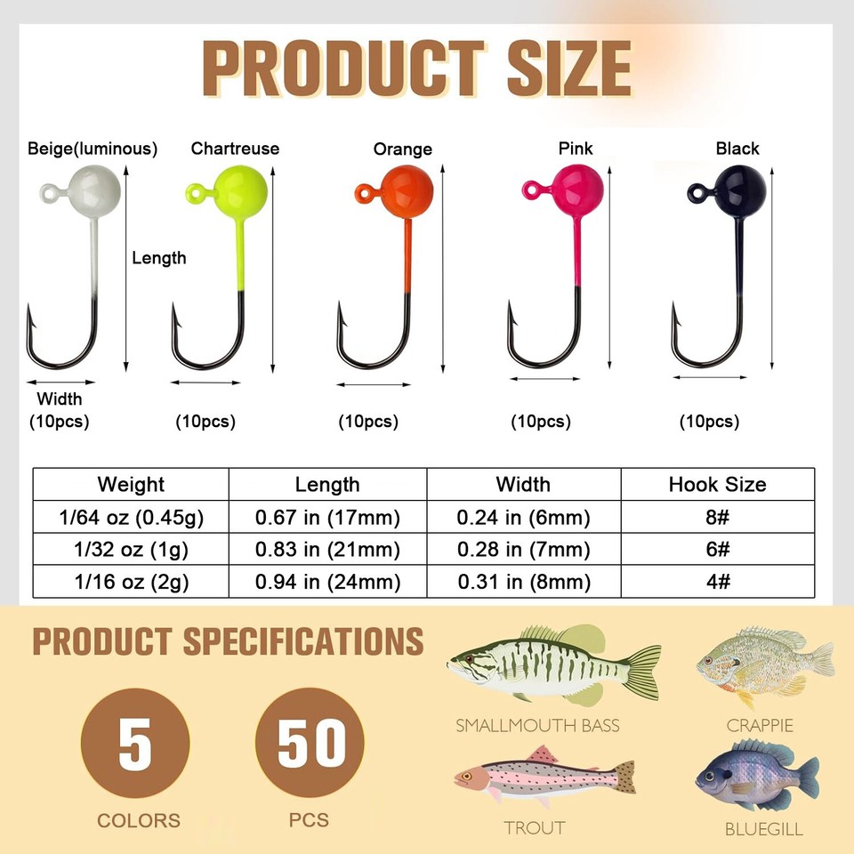 50pcs Fly Tying Jig Heads Fishing Hook Crappie Bass Lures Bait 1/64 1/ ...
