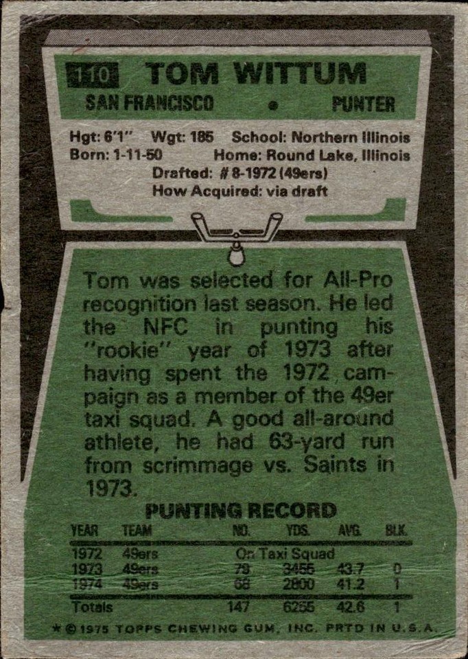 TOM WITTUM Football CARD #110 BUY ANY 2 ITEMS FOR 50% OFF B213R3S4P62 ...