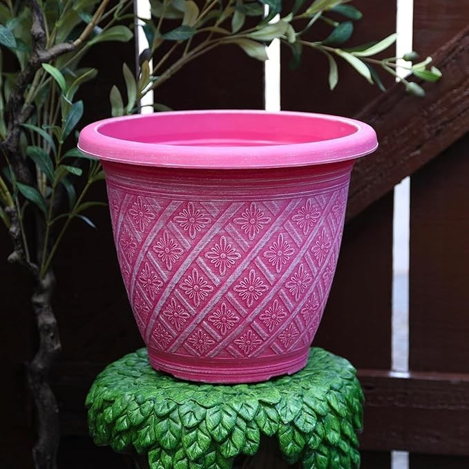 Round Plastic Plant Pot 40cm Weatherproof 23L Woven Flower Garden Decor ...
