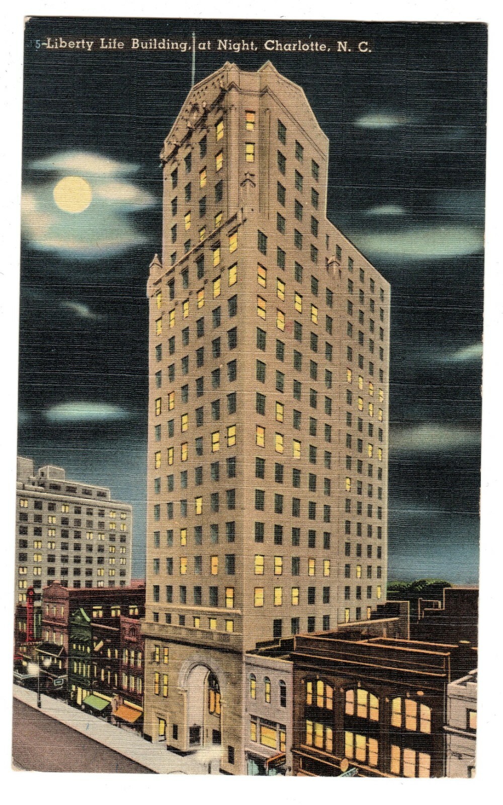 Liberty Life Building at Night, Charlotte, NC Vintage 1948 Linen ...