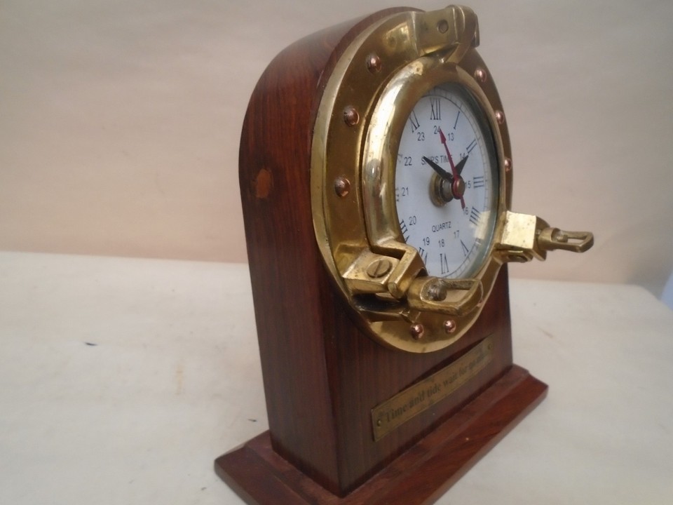 Really cool wood & brass SHIPS TIME porthole desk clock GREAT NAUTICAL ...