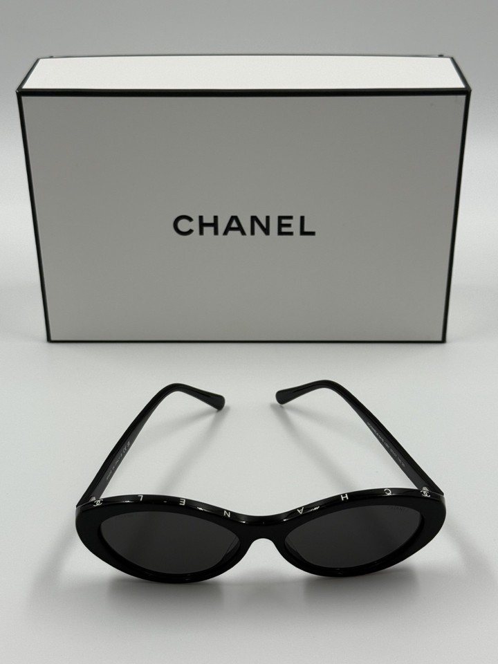 NEW CHANEL 5416 Oval Black Acetate & Gray Lens Sunglasses 100% ...