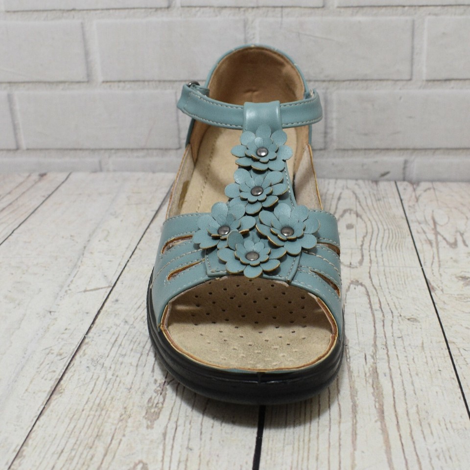 Womens Blue Enclosed Heel T Bar Low Wedge Touch Fastening Sandals Size ...