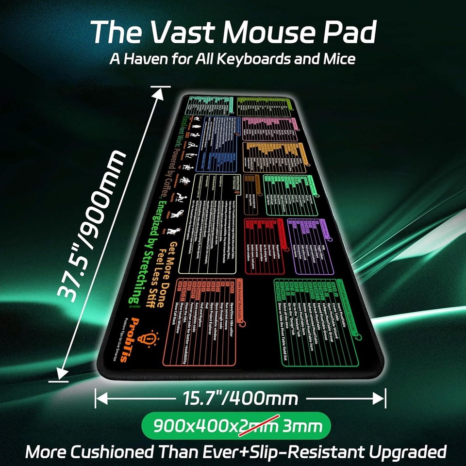 Excel Cheat Sheet Desk Pad – XXL 35.4"x15.7" Shortcuts Mousepad for ...