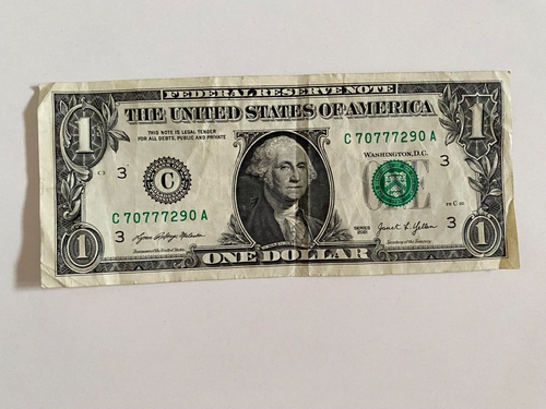 One dollar bill serial number C 70777290 A $1 Note US Real money 2021 ...