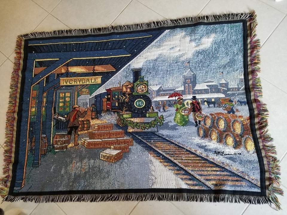 CHRISTMAS TRAIN STATION TAPESTRY Throw Blanket 43" x 58" Ivorydale by ...