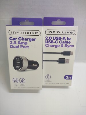 Infinitive Car Charger 3.4 Amp Dual Port & 3 ft USB-A to USB-C cord Set ...