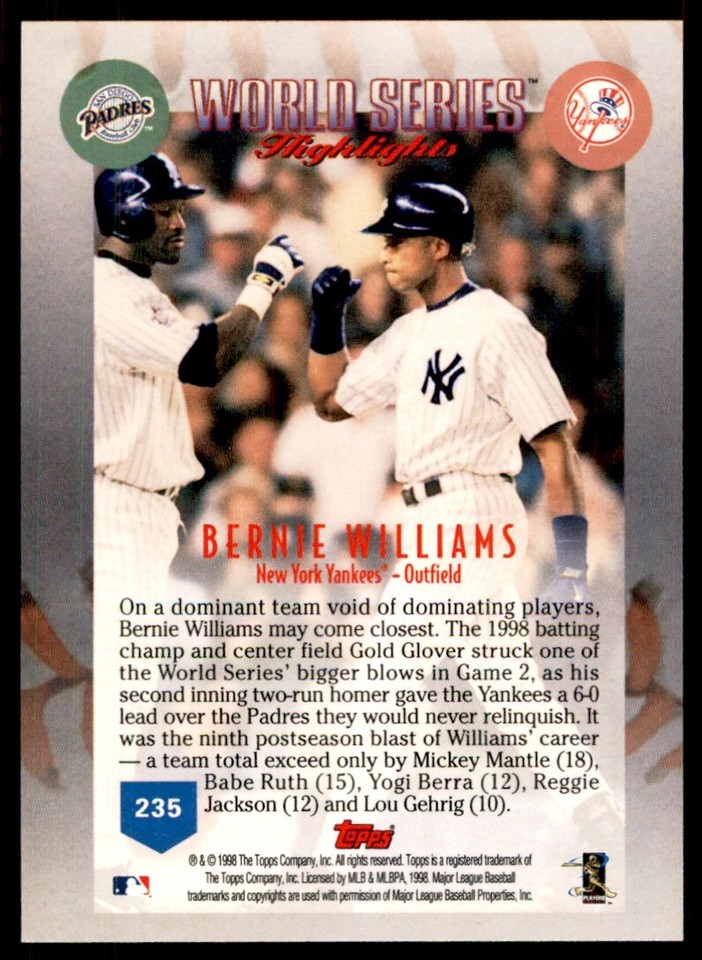 1999 Topps Baseball Card Bernie Williams I New York Yankees #235 | eBay