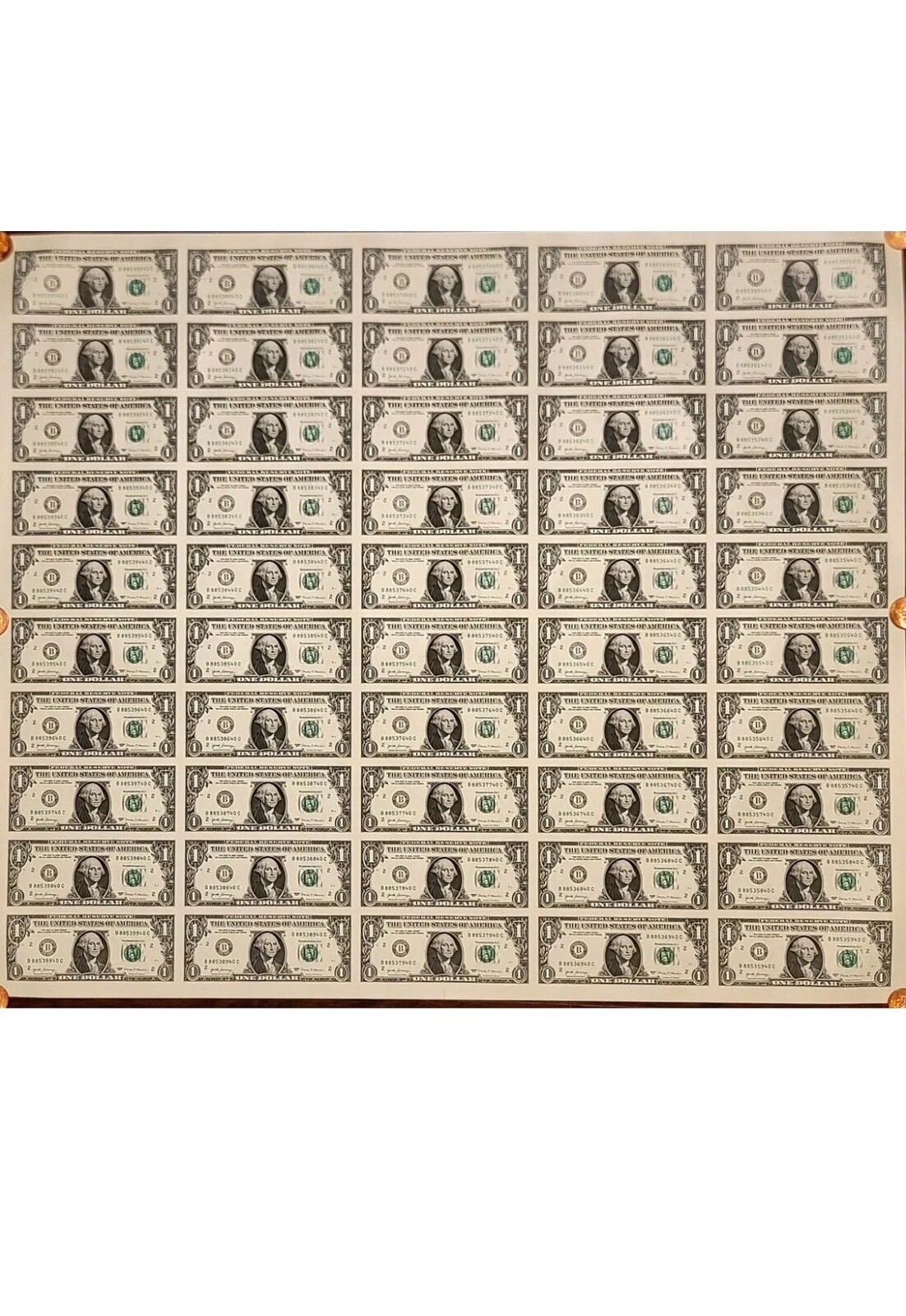 FIFTY NOTE SHEET • 50x1 Dollar Uncut Federal Reserve Bills • NY • 2017 ...